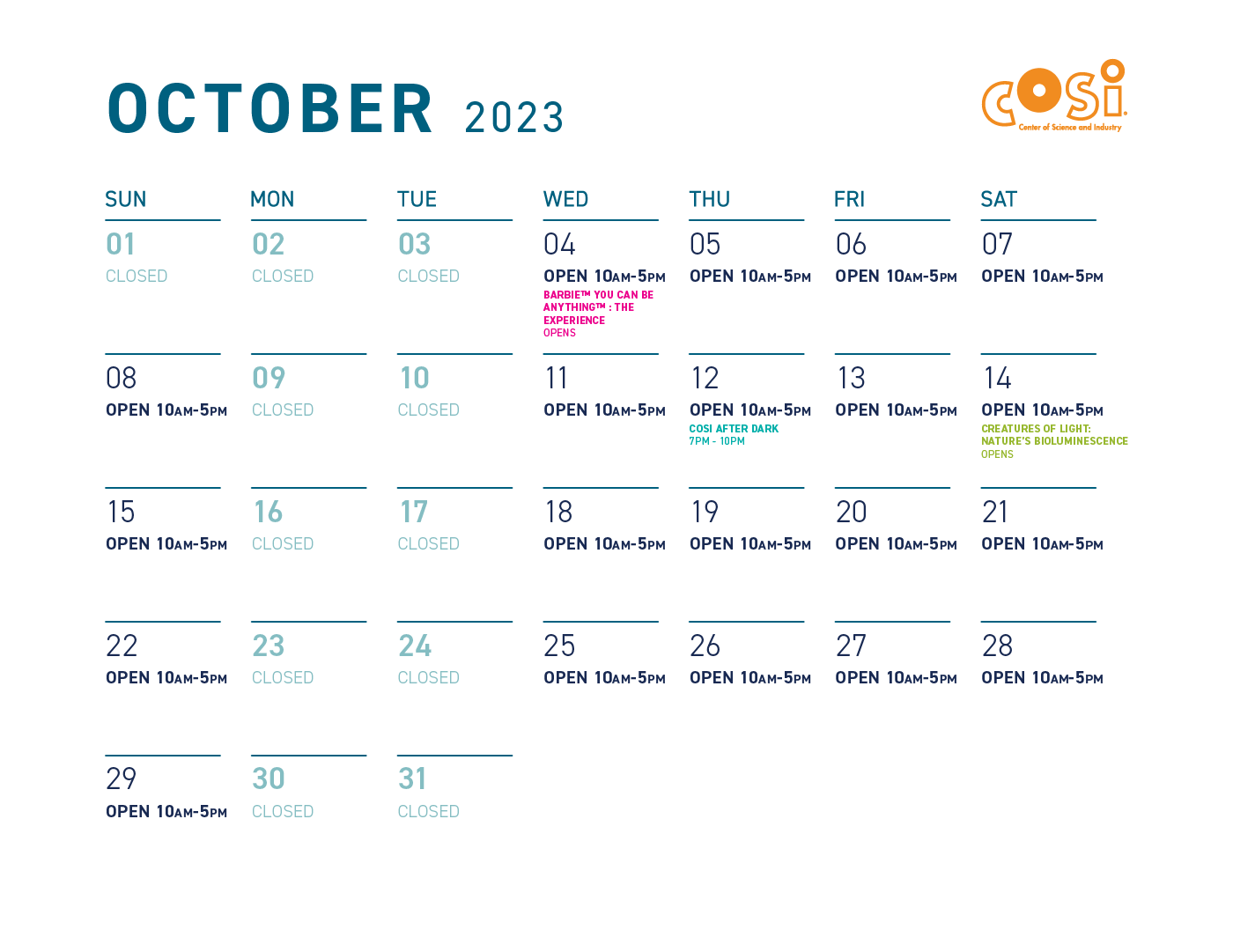 Hours Calendar Of Events COSI