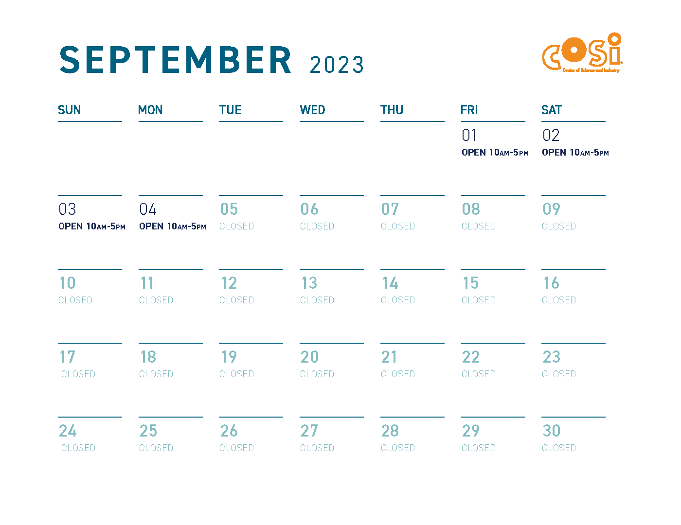 Hours & Calendar of Events - COSI